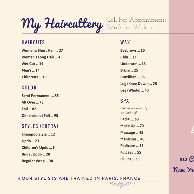 Salon Menu Templates From IMenuPro